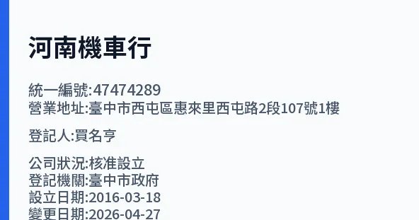 河南機車行的照片-統編 47474289(臺中市) 公司登記資料與營業項目詳細圖表