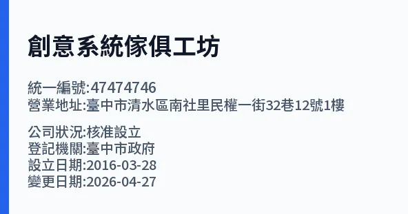 創意系統傢俱工坊的照片-統編 47474746(臺中市) 公司登記資料與營業項目詳細圖表