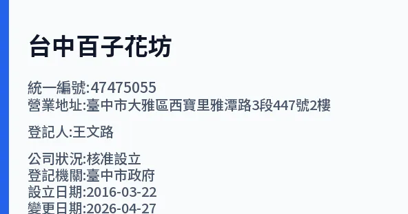 台中百子花坊的照片-統編 47475055(臺中市) 公司登記資料與營業項目詳細圖表