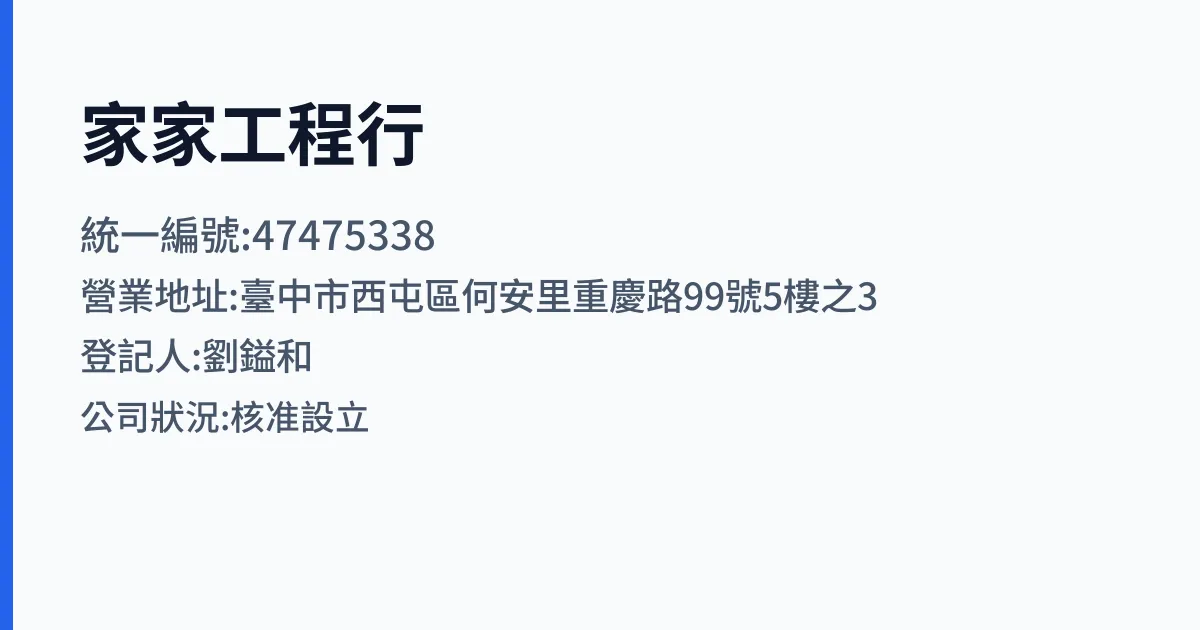 家家工程行 - 統編 47475338(臺中市) 公司登記資料與營業項目詳細圖表
