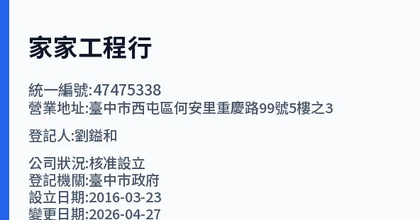 家家工程行的照片-統編 47475338(臺中市) 公司登記資料與營業項目詳細圖表