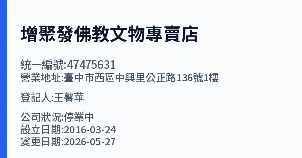 增聚發佛教文物專賣店的照片-統編 47475631(臺中市) 公司登記資料與營業項目詳細圖表