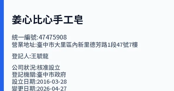 姜心比心手工皂的照片-統編 47475908(臺中市) 公司登記資料與營業項目詳細圖表