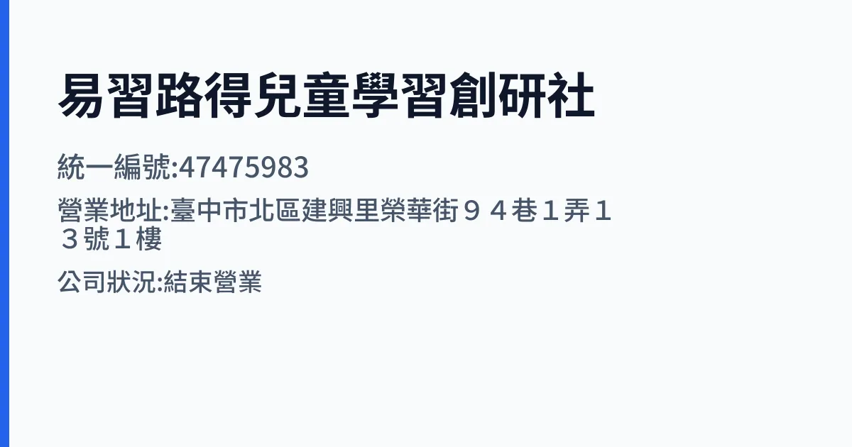 易習路得兒童學習創研社 - 統編 47475983(臺中市) 公司登記資料與營業項目詳細圖表