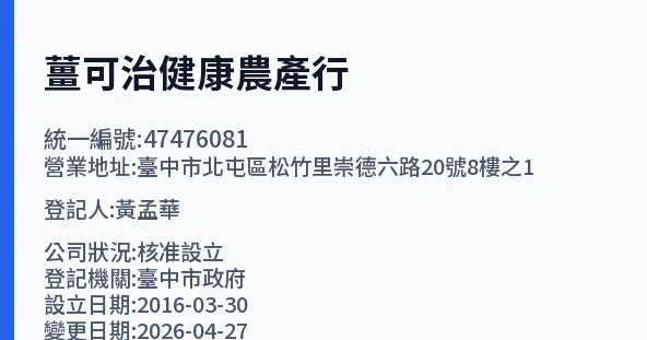 薑可治健康農產行的照片-統編 47476081(臺中市) 公司登記資料與營業項目詳細圖表