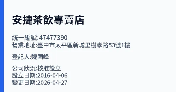 安捷茶飲專賣店的照片-統編 47477390(臺中市) 公司登記資料與營業項目詳細圖表