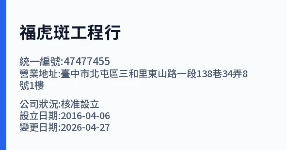 福虎斑工程行的照片-統編 47477455(臺中市) 公司登記資料與營業項目詳細圖表