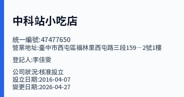 中科站小吃店的照片-統編 47477650(臺中市) 公司登記資料與營業項目詳細圖表