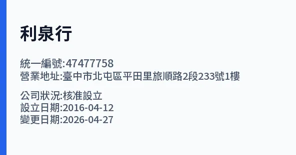 利泉行的照片-統編 47477758(臺中市) 公司登記資料與營業項目詳細圖表