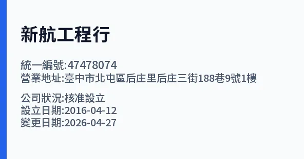 新航工程行的照片-統編 47478074(臺中市) 公司登記資料與營業項目詳細圖表