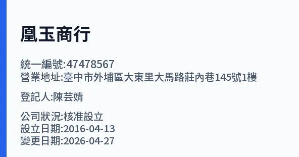 凰玉商行的照片-統編 47478567(臺中市) 公司登記資料與營業項目詳細圖表