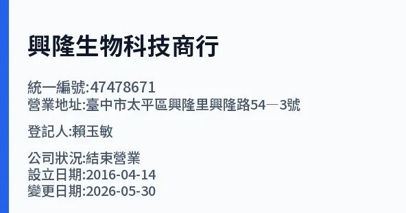 興隆生物科技商行的照片-統編 47478671(臺中市) 公司登記資料與營業項目詳細圖表