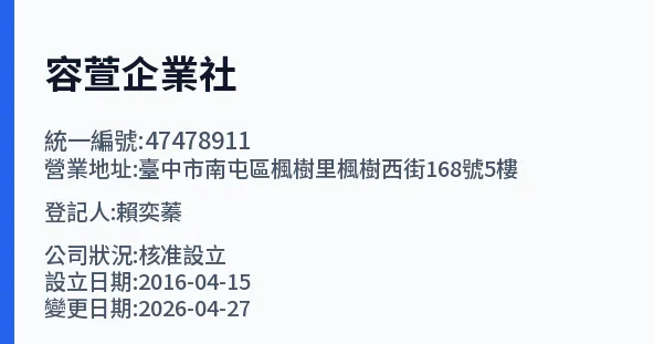 容萱企業社的照片-統編 47478911(臺中市) 公司登記資料與營業項目詳細圖表