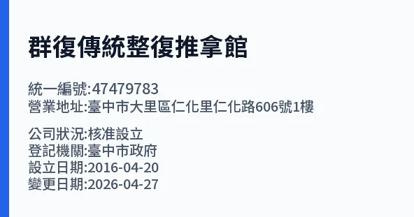 群復傳統整復推拿館的照片-統編 47479783(臺中市) 公司登記資料與營業項目詳細圖表