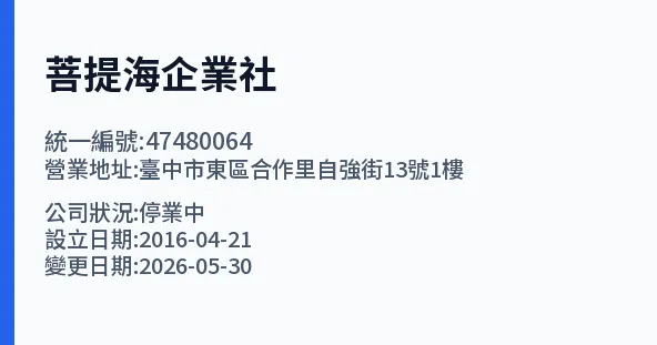 菩提海企業社的照片-統編 47480064(臺中市) 公司登記資料與營業項目詳細圖表