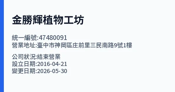 金勝輝植物工坊的照片-統編 47480091(臺中市) 公司登記資料與營業項目詳細圖表