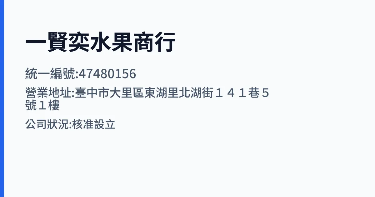 一賢奕水果商行 - 統編 47480156(臺中市) 公司登記資料與營業項目詳細圖表