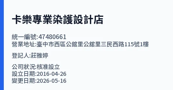 卡樂專業染護設計店的照片-統編 47480661(臺中市) 公司登記資料與營業項目詳細圖表
