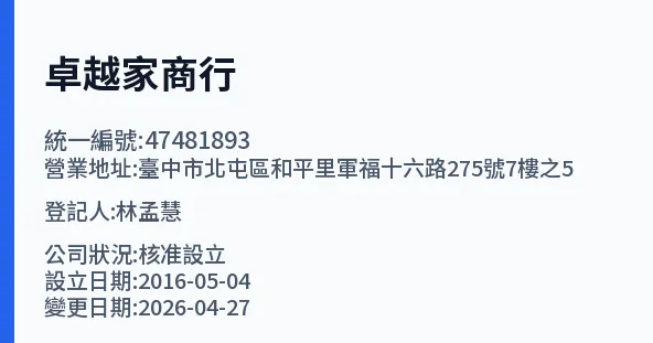 卓越家商行的照片-統編 47481893(臺中市) 公司登記資料與營業項目詳細圖表