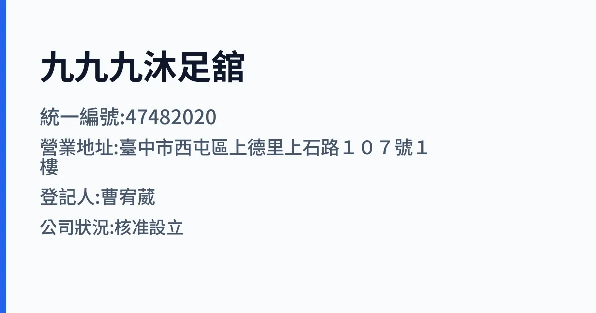 九九九沐足舘 - 統編 47482020(臺中市) 公司登記資料與營業項目詳細圖表