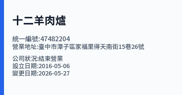 十二羊肉爐的照片-統編 47482204(臺中市) 公司登記資料與營業項目詳細圖表