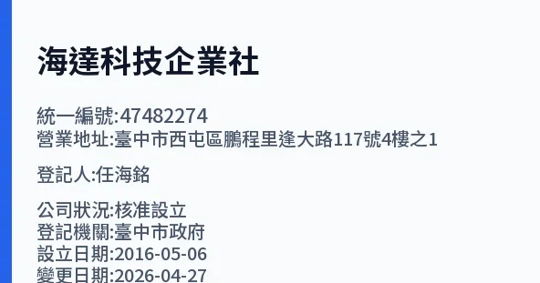 海達科技企業社的照片-統編 47482274(臺中市) 公司登記資料與營業項目詳細圖表
