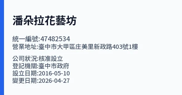 潘朵拉花藝坊的照片-統編 47482534(臺中市) 公司登記資料與營業項目詳細圖表