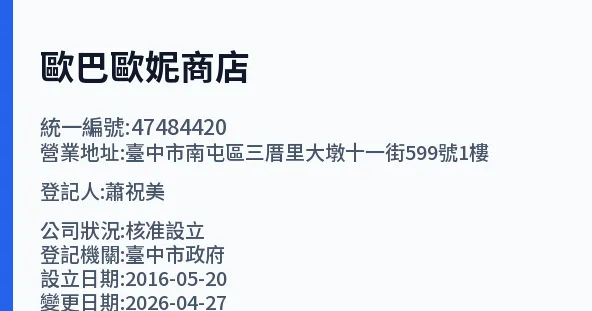 歐巴歐妮商店的照片-統編 47484420(臺中市) 公司登記資料與營業項目詳細圖表