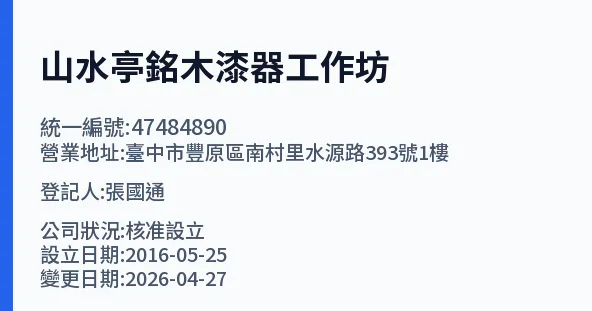 山水亭銘木漆器工作坊的照片-統編 47484890(臺中市) 公司登記資料與營業項目詳細圖表