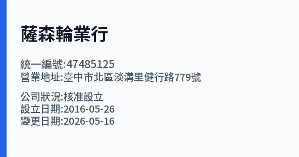 薩森輪業行的照片-統編 47485125(臺中市) 公司登記資料與營業項目詳細圖表