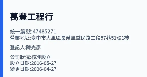 萬豐工程行的照片-統編 47485271(臺中市) 公司登記資料與營業項目詳細圖表