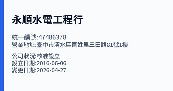 永順水電工程行的照片-統編 47486378(臺中市) 公司登記資料與營業項目詳細圖表