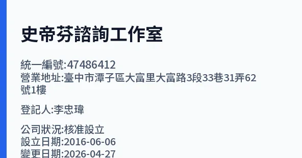 史帝芬諮詢工作室的照片-統編 47486412(臺中市) 公司登記資料與營業項目詳細圖表