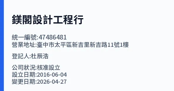 鎂閣設計工程行的照片-統編 47486481(臺中市) 公司登記資料與營業項目詳細圖表