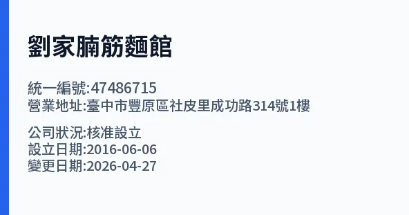 劉家腩筋麵館的照片-統編 47486715(臺中市) 公司登記資料與營業項目詳細圖表