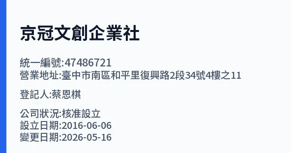 京冠文創企業社的照片-統編 47486721(臺中市) 公司登記資料與營業項目詳細圖表