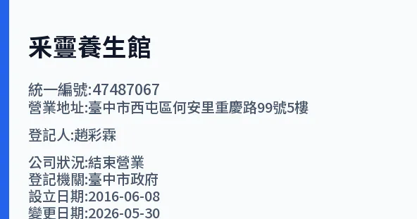 釆靊養生館的照片-統編 47487067(臺中市) 公司登記資料與營業項目詳細圖表