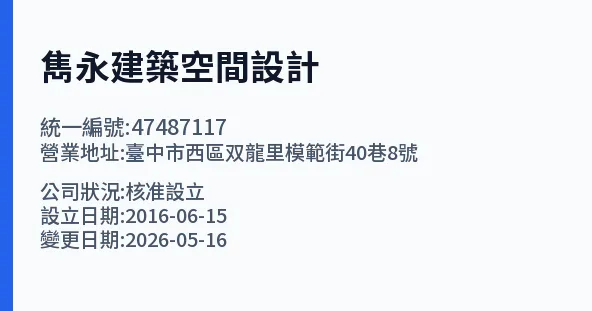 雋永建築空間設計的照片-統編 47487117(臺中市) 公司登記資料與營業項目詳細圖表