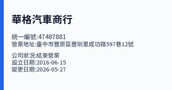 華格汽車商行的照片-統編 47487881(臺中市) 公司登記資料與營業項目詳細圖表