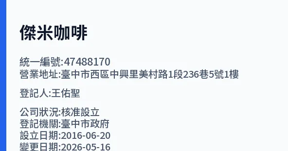 傑米咖啡的照片-統編 47488170(臺中市) 公司登記資料與營業項目詳細圖表