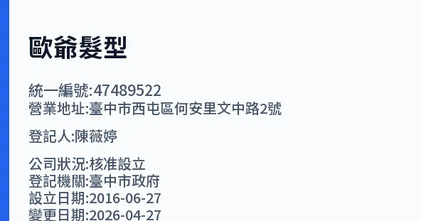 歐爺髮型的照片-統編 47489522(臺中市) 公司登記資料與營業項目詳細圖表