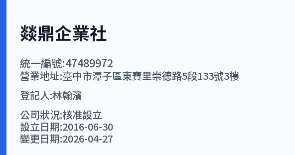 燚鼎企業社的照片-統編 47489972(臺中市) 公司登記資料與營業項目詳細圖表