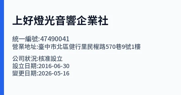 上好燈光音響企業社的照片-統編 47490041(臺中市) 公司登記資料與營業項目詳細圖表