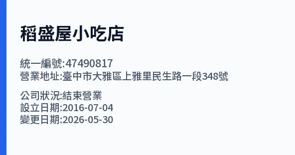 稻盛屋小吃店的照片-統編 47490817(臺中市) 公司登記資料與營業項目詳細圖表