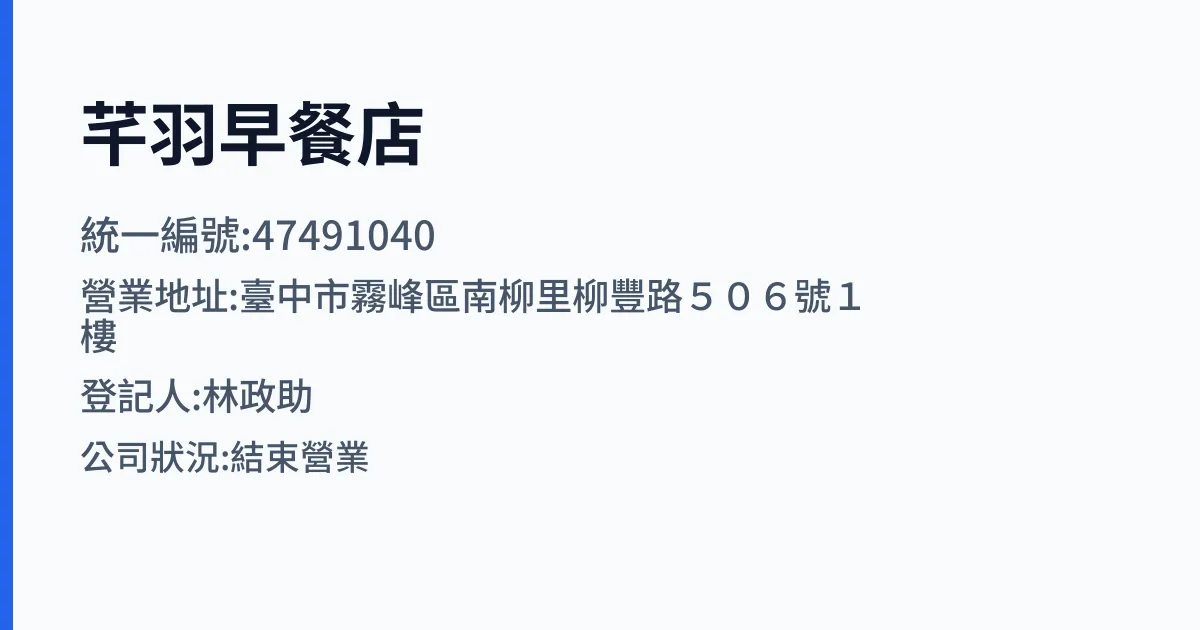 芊羽早餐店 - 統編 47491040(臺中市) 公司登記資料與營業項目詳細圖表