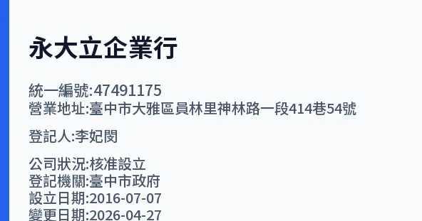 永大立企業行的照片-統編 47491175(臺中市) 公司登記資料與營業項目詳細圖表