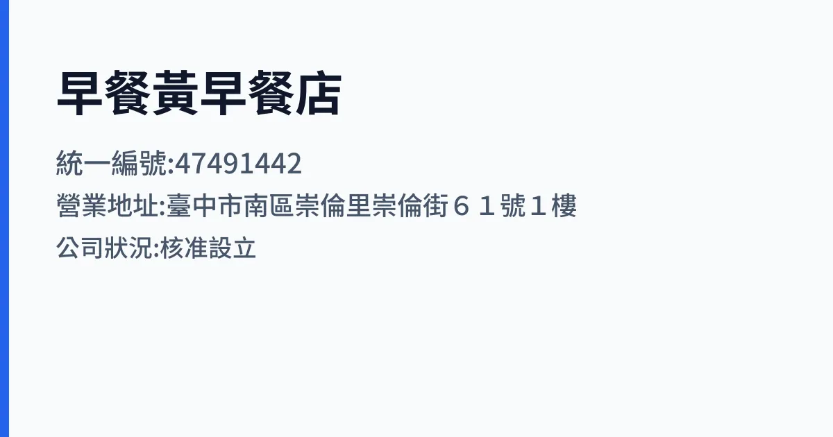 早餐黃早餐店 - 統編 47491442(臺中市) 公司登記資料與營業項目詳細圖表