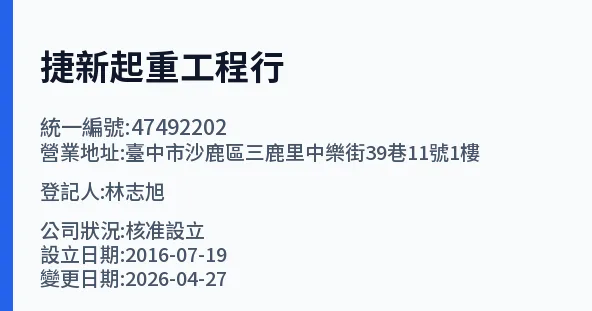 捷新起重工程行的照片-統編 47492202(臺中市) 公司登記資料與營業項目詳細圖表