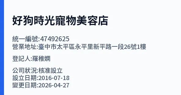好狗時光寵物美容店的照片-統編 47492625(臺中市) 公司登記資料與營業項目詳細圖表