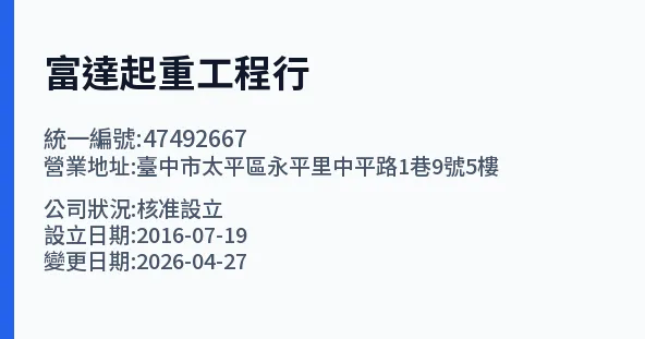 富達起重工程行的照片-統編 47492667(臺中市) 公司登記資料與營業項目詳細圖表